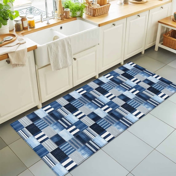 Blue Stripe Plaid Gingham Check Rectangle Rug 2'x6' Abstract Geometric ...