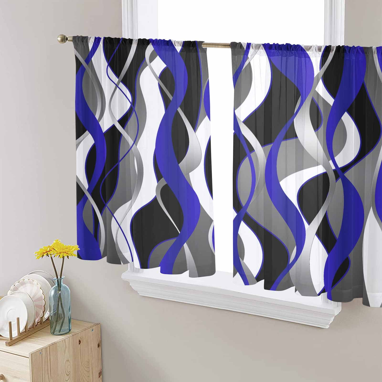 Blue Stripe Semi Sheer Curtains 54 Inch Length 2 Panels Set, Ombre Grey Moire Geometric Modern ...