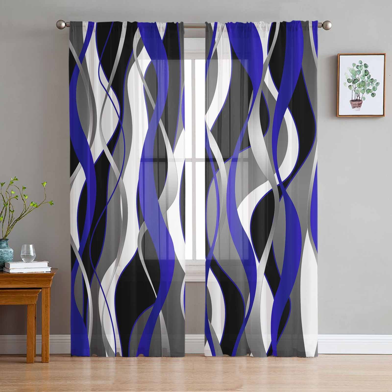 Blue Stripe Semi Sheer Curtains 72 Inch Length 2 Panels Set, Ombre Grey Moire Geometric Modern ...