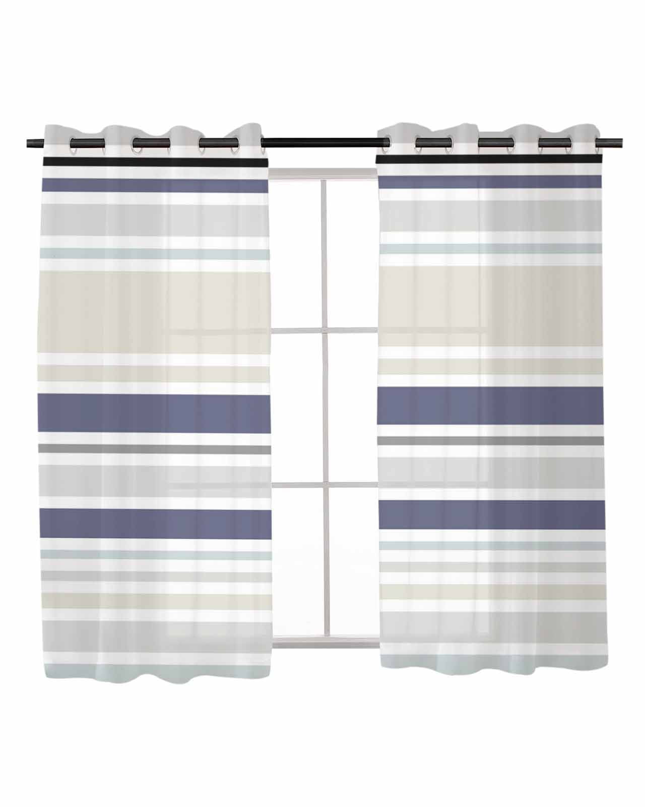 Blue Stripe Sheer Curtains 45 Inch Length 2 Panels Farmhouse Geometric ...