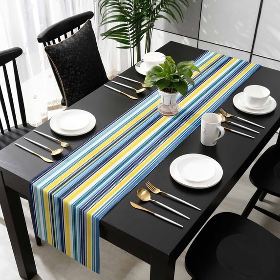 Blue Stripe Table Runner 108 Inches Long, Yellow Colorful Striped ...
