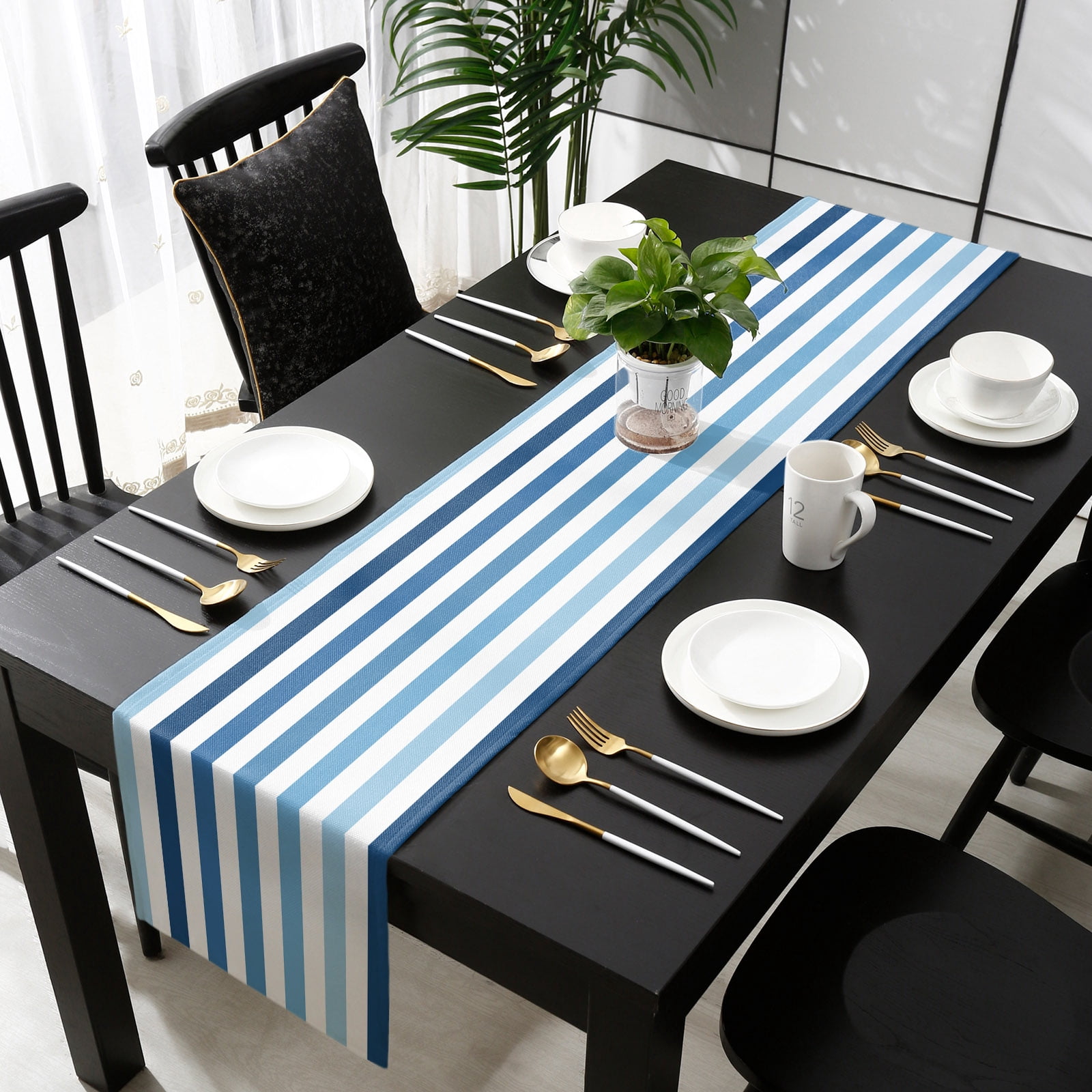 Blue Stripe Table Runner 120 Inches Long - Ombre Geometric Farmhouse ...