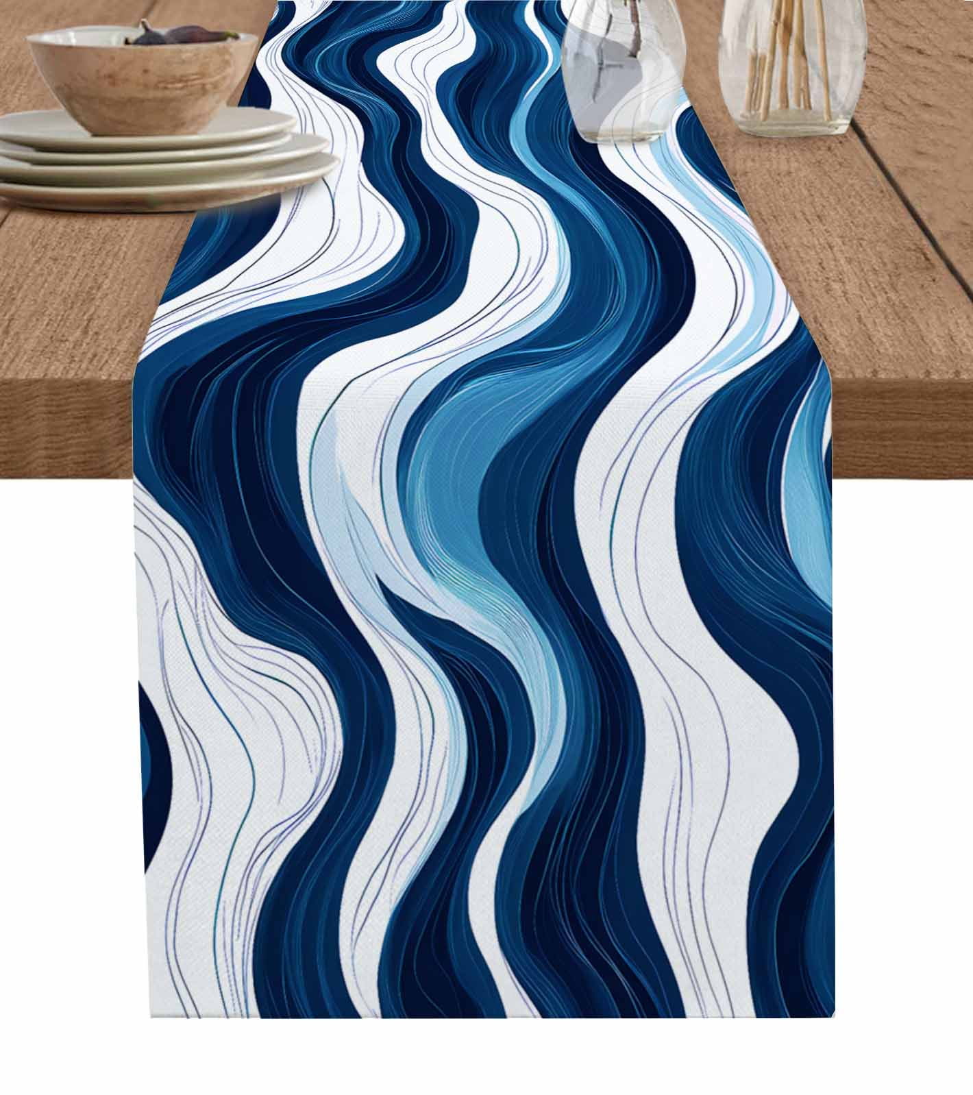 Blue Stripe Table Runner 70 Inches, Geometric White Coastal Wave Modern ...