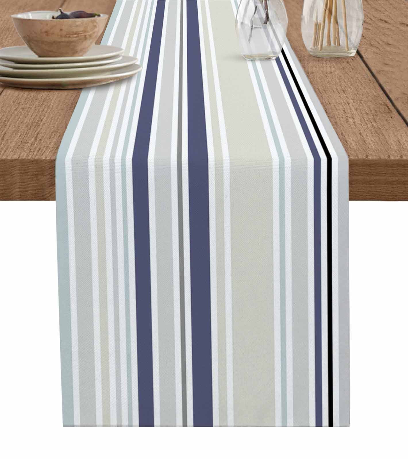 Blue Stripe Table Runner 72 Inches, Farmhouse Geometric Grey Horizontal Striped Bed Runner ...