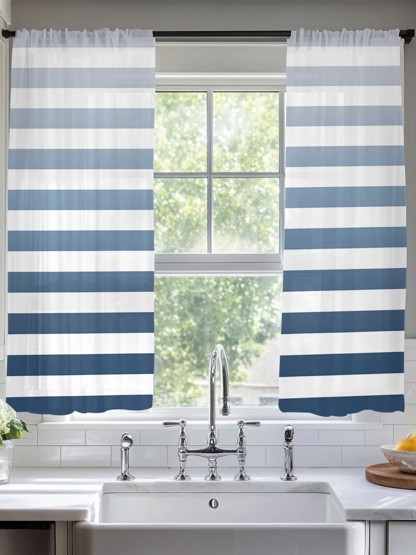 Blue Stripe White Gradient Geometric Sheer Curtains 2 Panels Set Ocean ...