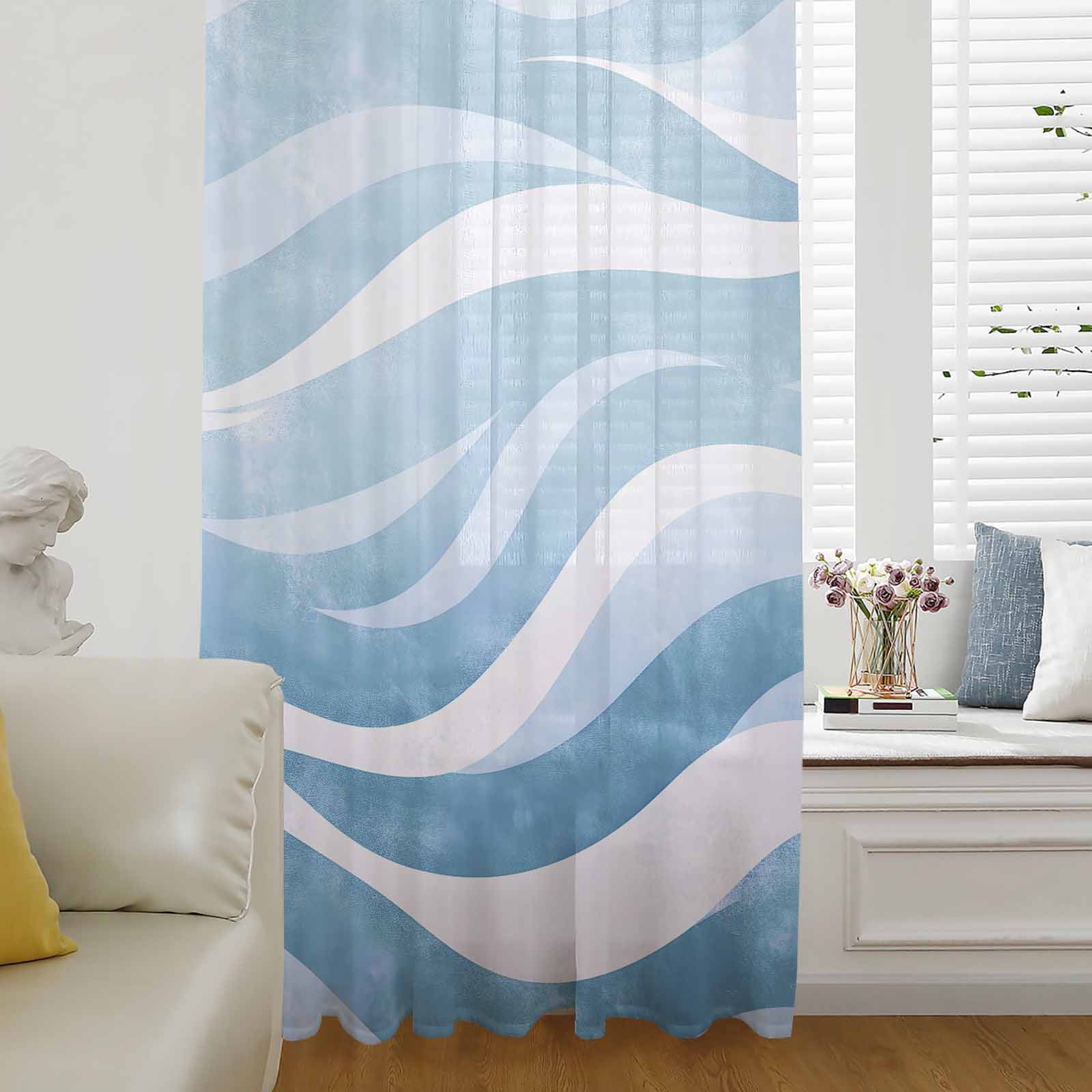 Blue Stripe Window Curtain 108 Inches Long,Abstract Waves Modern Ocean ...