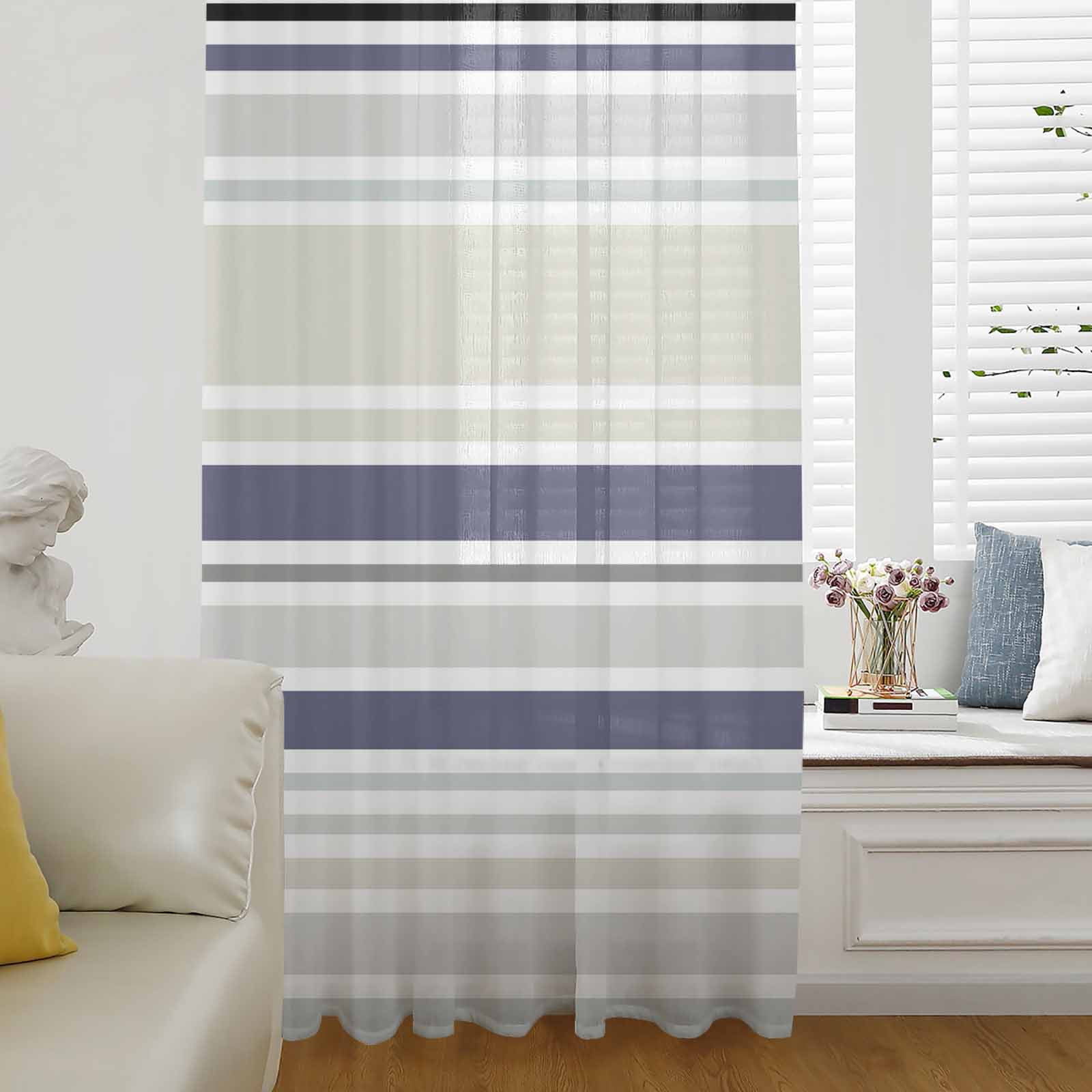 Blue Stripe Window Curtain 63 Inches Long,Farmhouse Geometric Grey ...