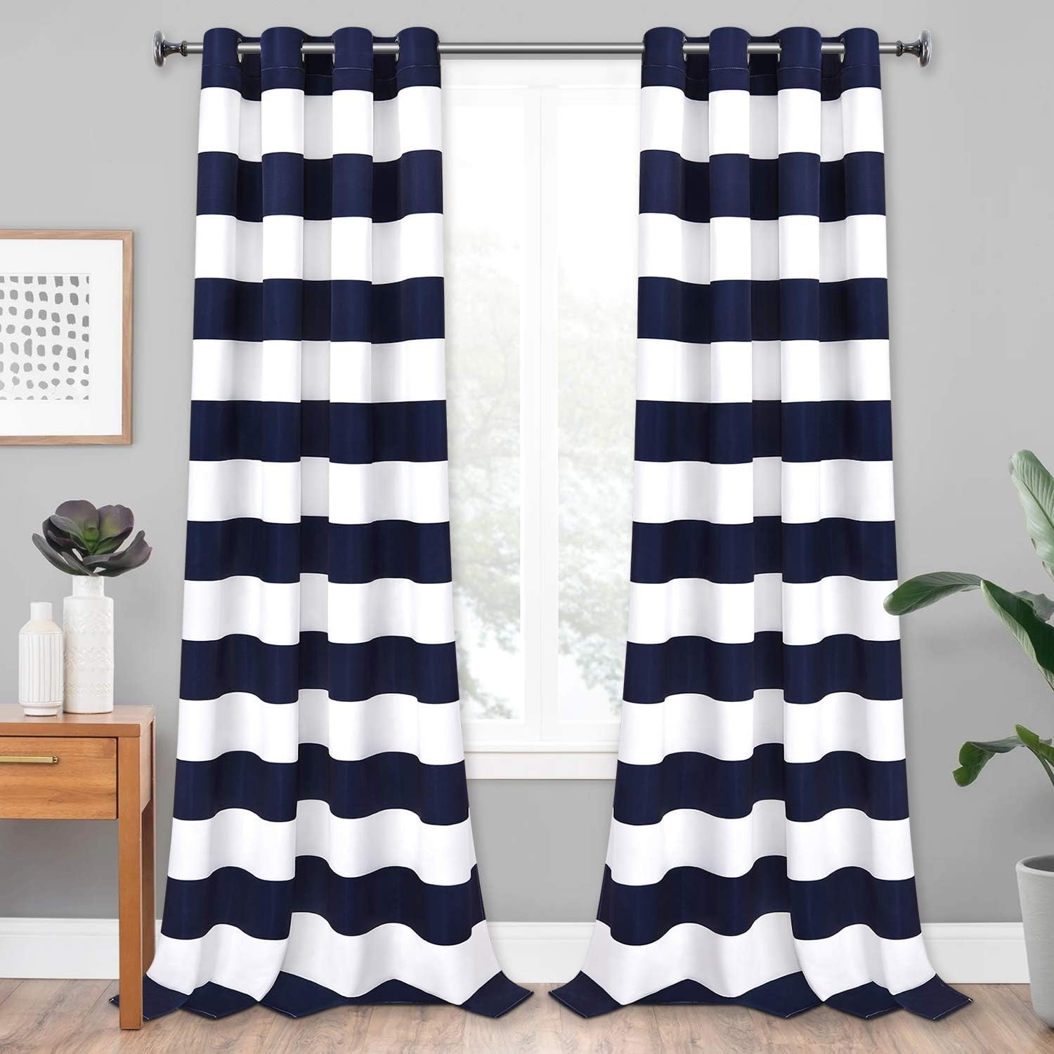 Blue Stripe Window Curtain with Striped Room Window Treatment, Grommet ...