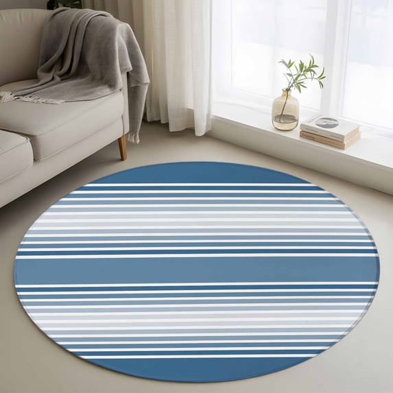 Blue Striped 3FT Round Area Rugs Modern Farmhouse Stripe Minimalist ...