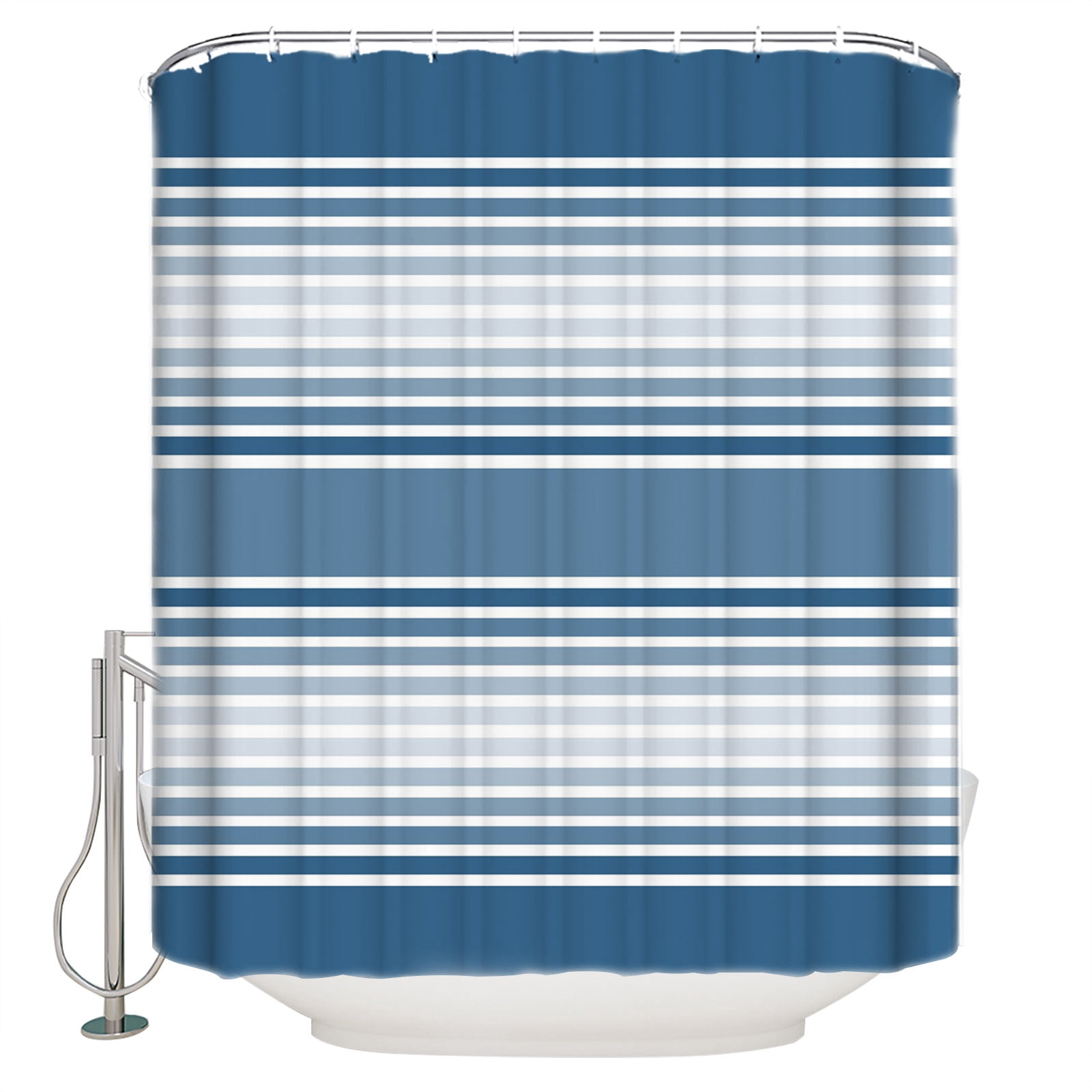Blue Striped Bathroom Shower Curtains with 12 Hooks Polyester ...