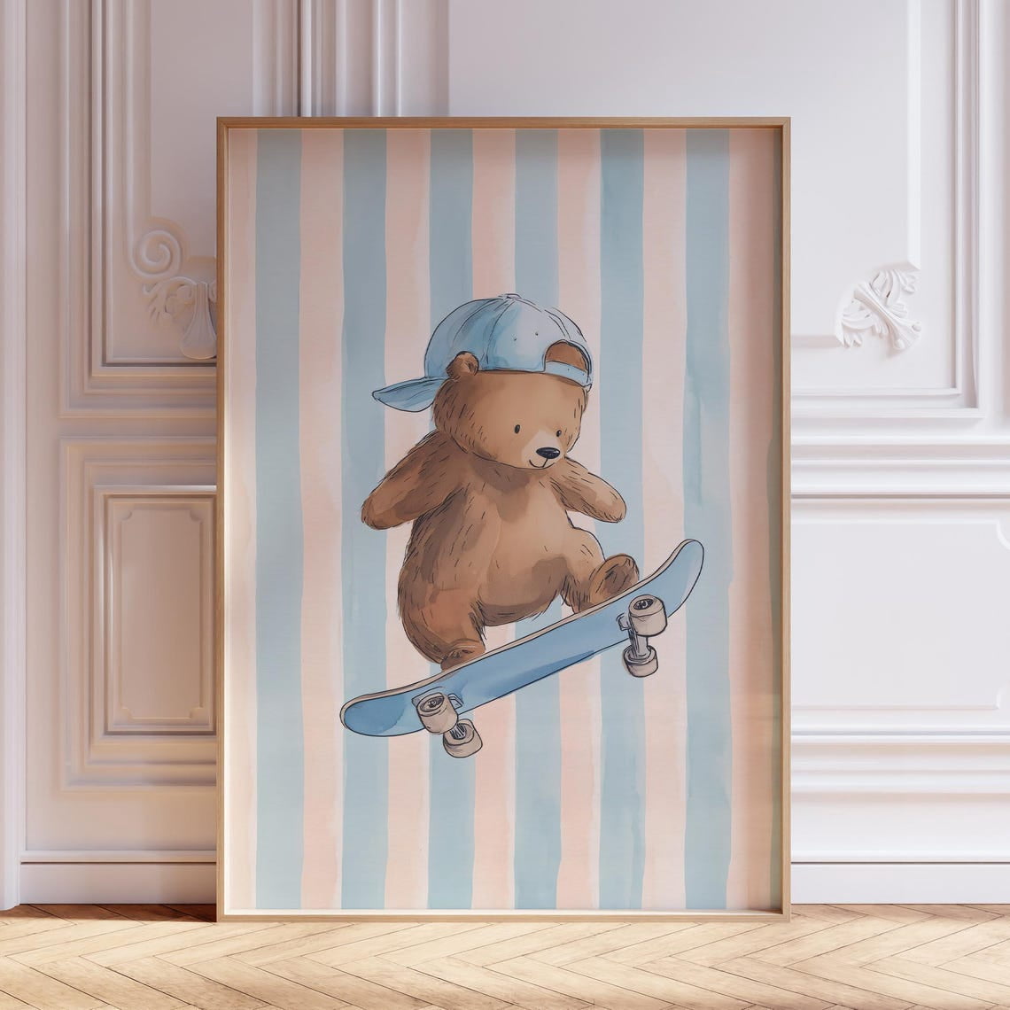 Blue Striped Bear Skateboarding Woodland Nursery Wall Art, Unframed ...