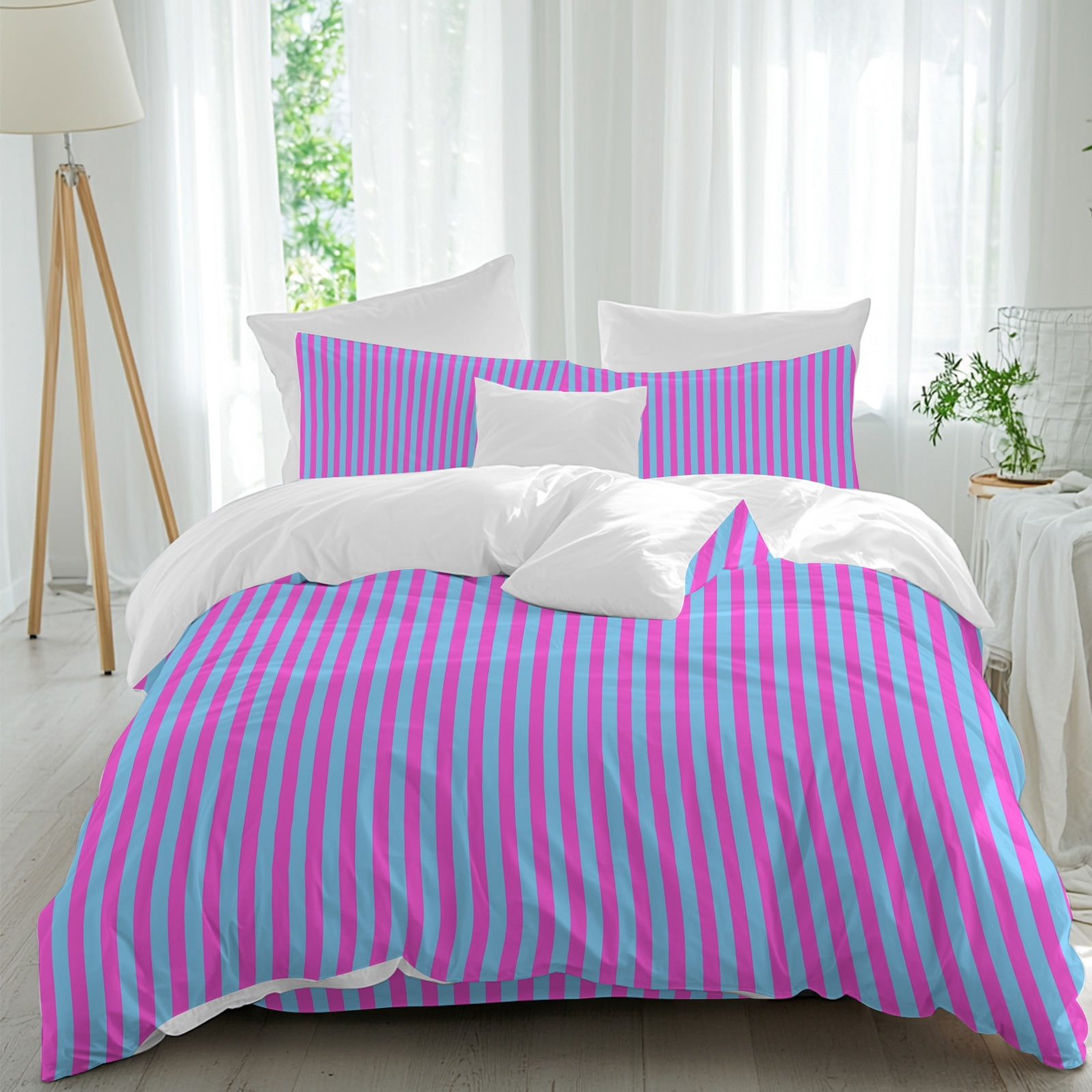 Blue Striped Bedding Duvet Cover Set Full Size 4 Pieces, Simple Pink ...