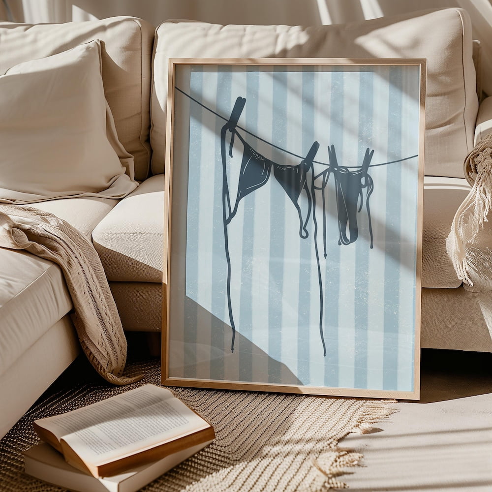 Blue Striped Bikini Art Print Bathing Suit Poster Blue Beachy Prints ...