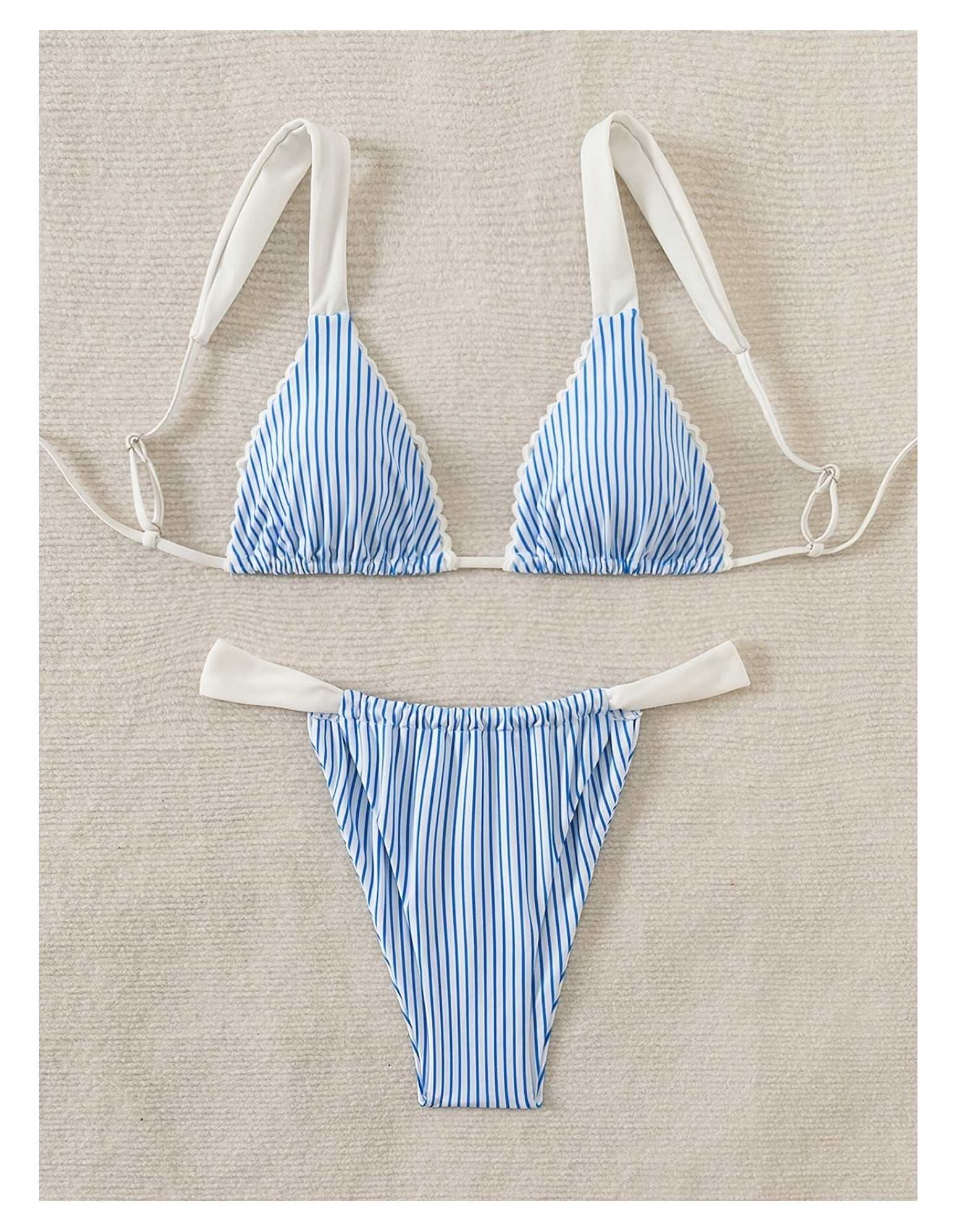 Blue Striped Bikini Set for Women - 2 Piece Swimsuit Adjustable Straps ...