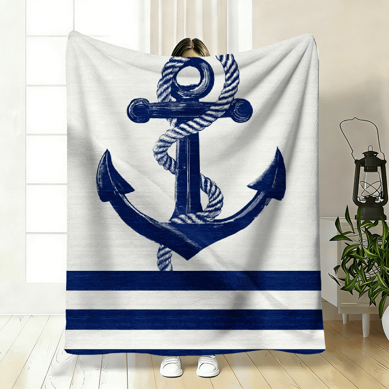 Blue Striped Boat Anchor 2D Flat Blanket, Lightweight Portable Soft ...