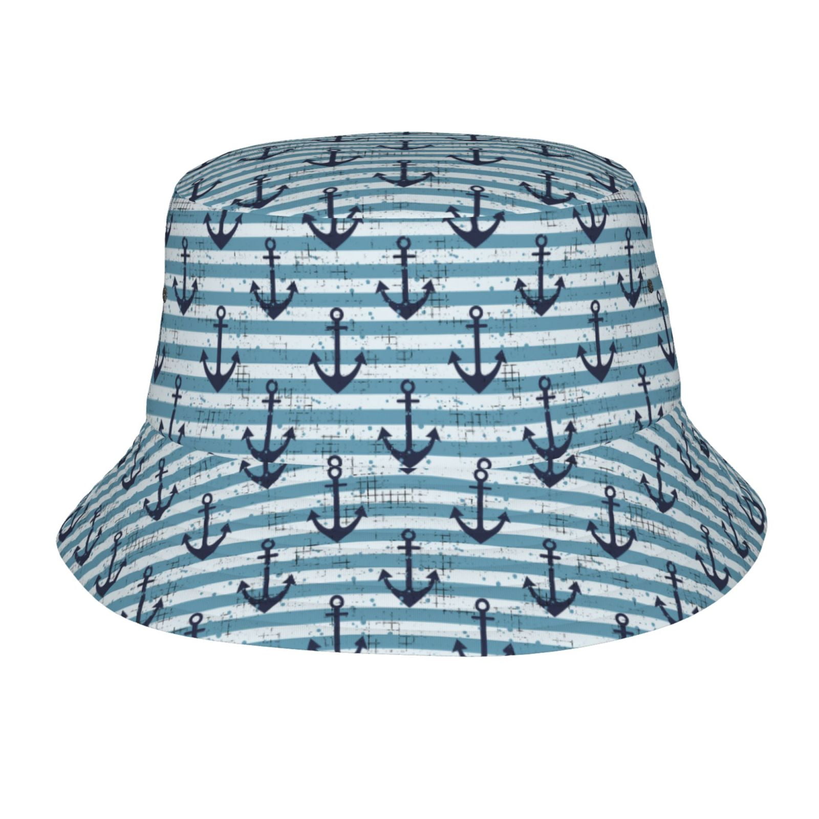Blue Striped Boat Anchor Pattern Bucket Hats for Men Women Beach Sun ...