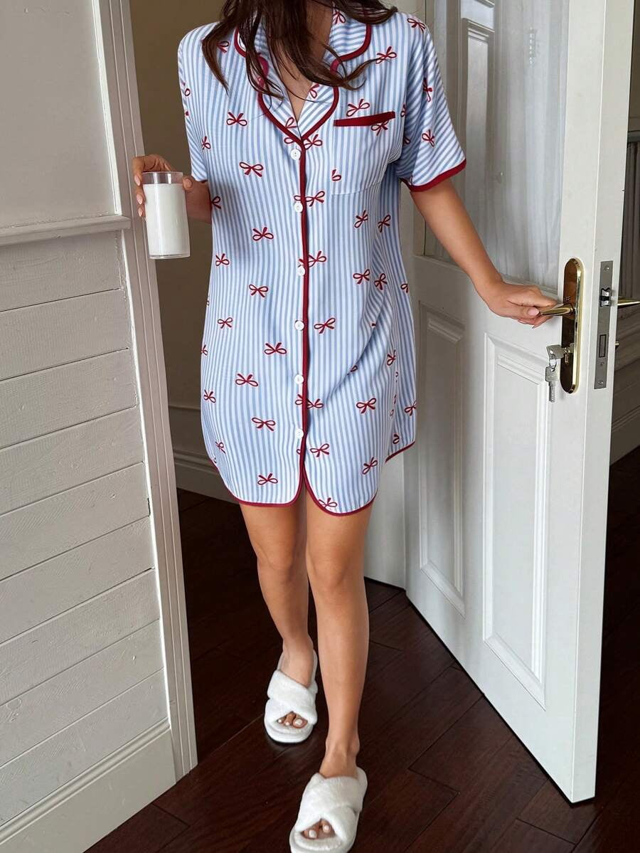 Blue Striped Bow Print Button-Front Loose Sleep Dress With Contrast ...