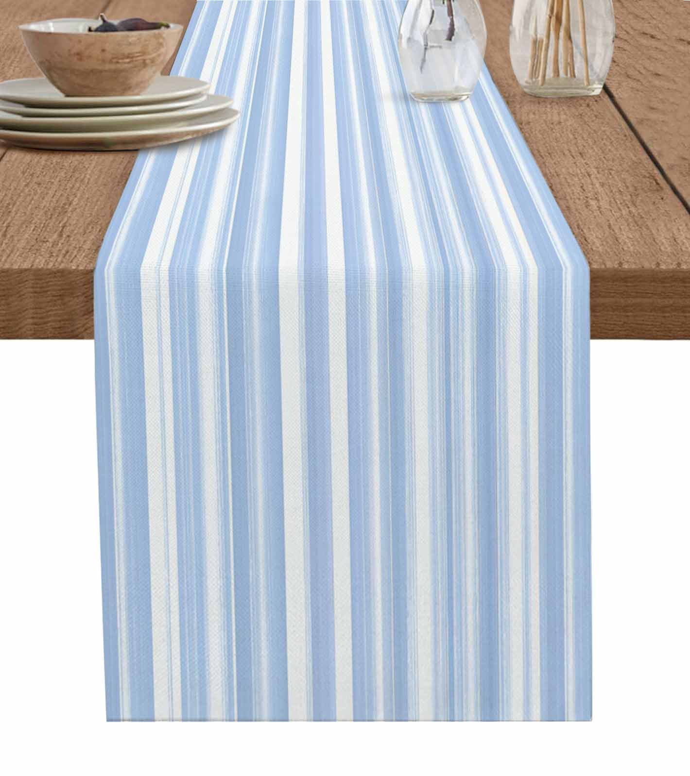 Blue Striped Burlap Cotton Table Runner 13x48 Inches Long, Farmhouse Stripe Modern Abstract Art ...