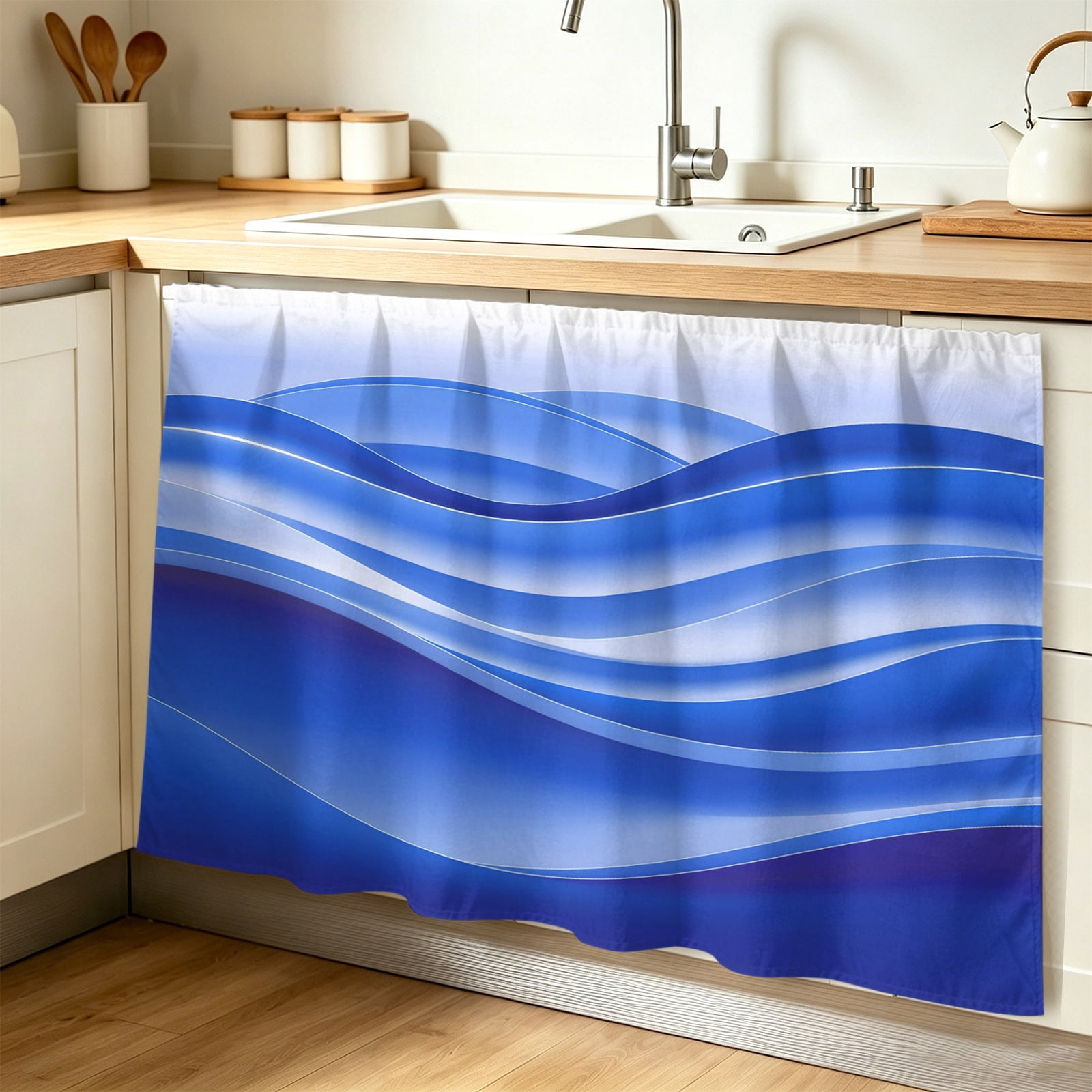 Blue Striped Cabinet Curtain 32"Wx55"L,Dustproof Pantry Door Curtain ...
