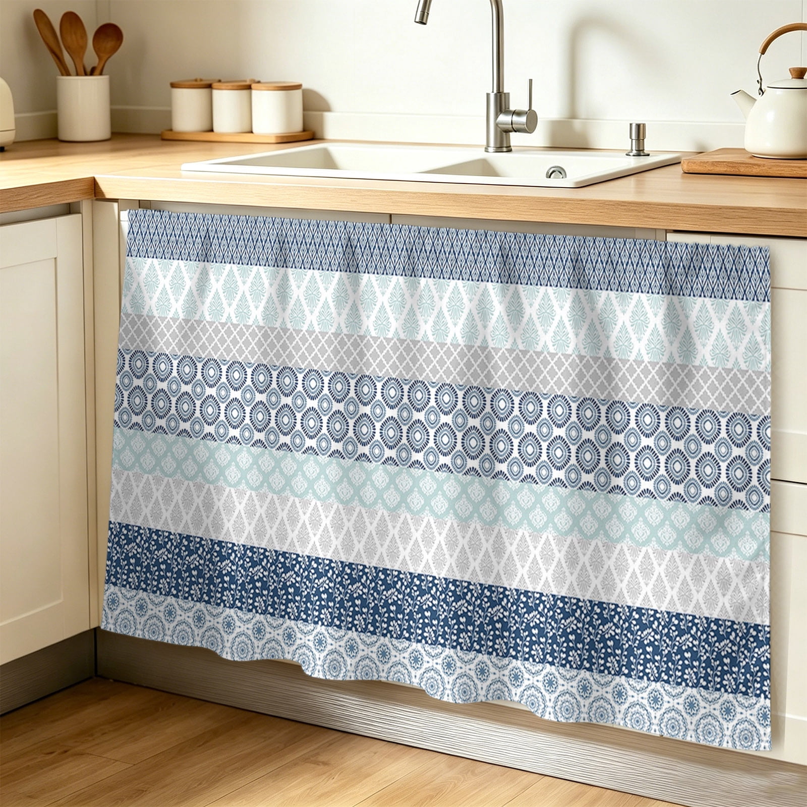 Blue Striped Cabinet Curtain 32"Wx55"L,Dustproof Pantry Door Curtain W ...
