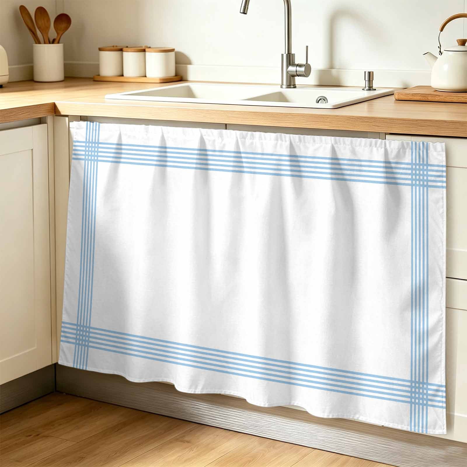 Blue Striped Cabinet Curtain, Simple Stripes White Background Sink ...