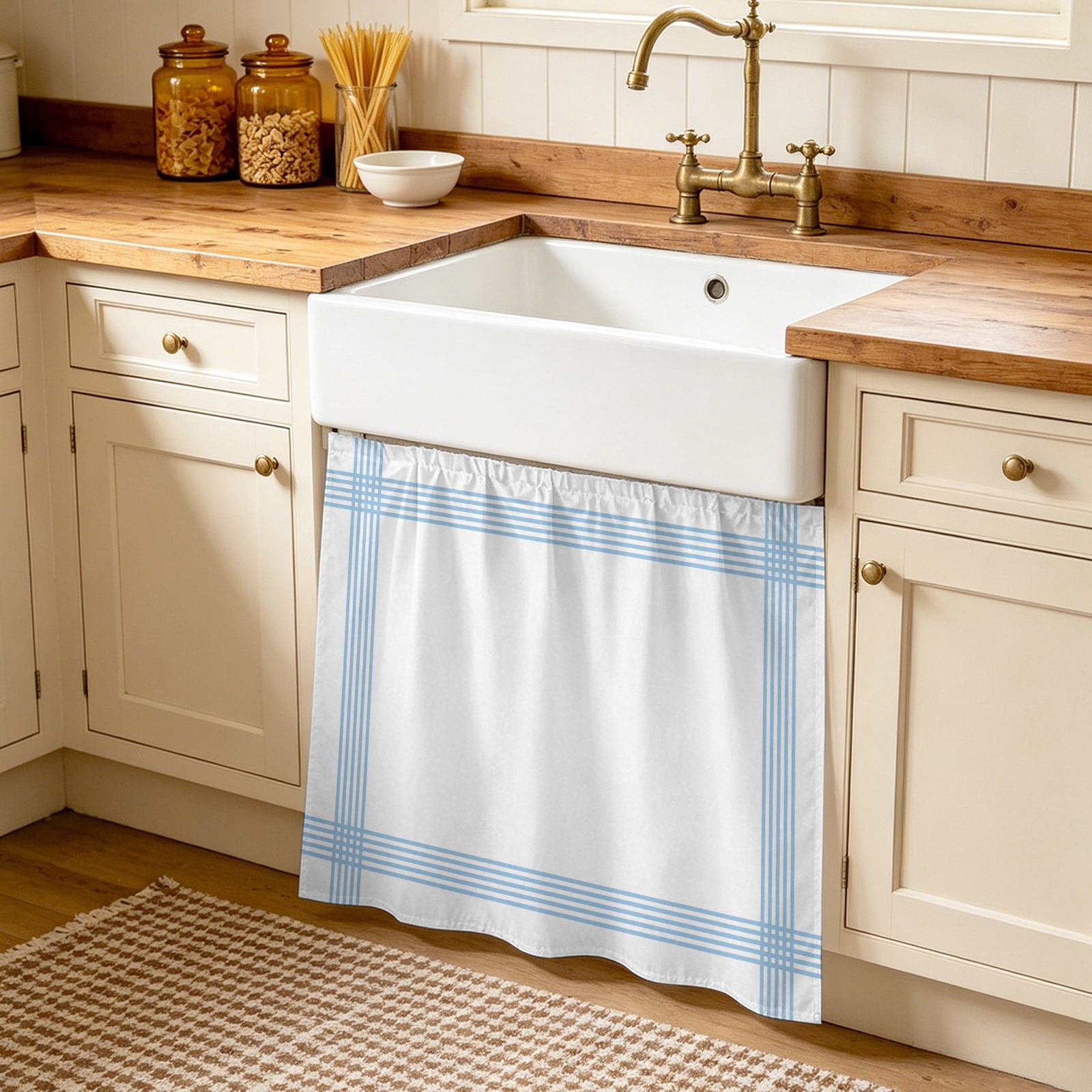 Blue Striped Cabinet Curtain, Simple Stripes White Background Sink ...
