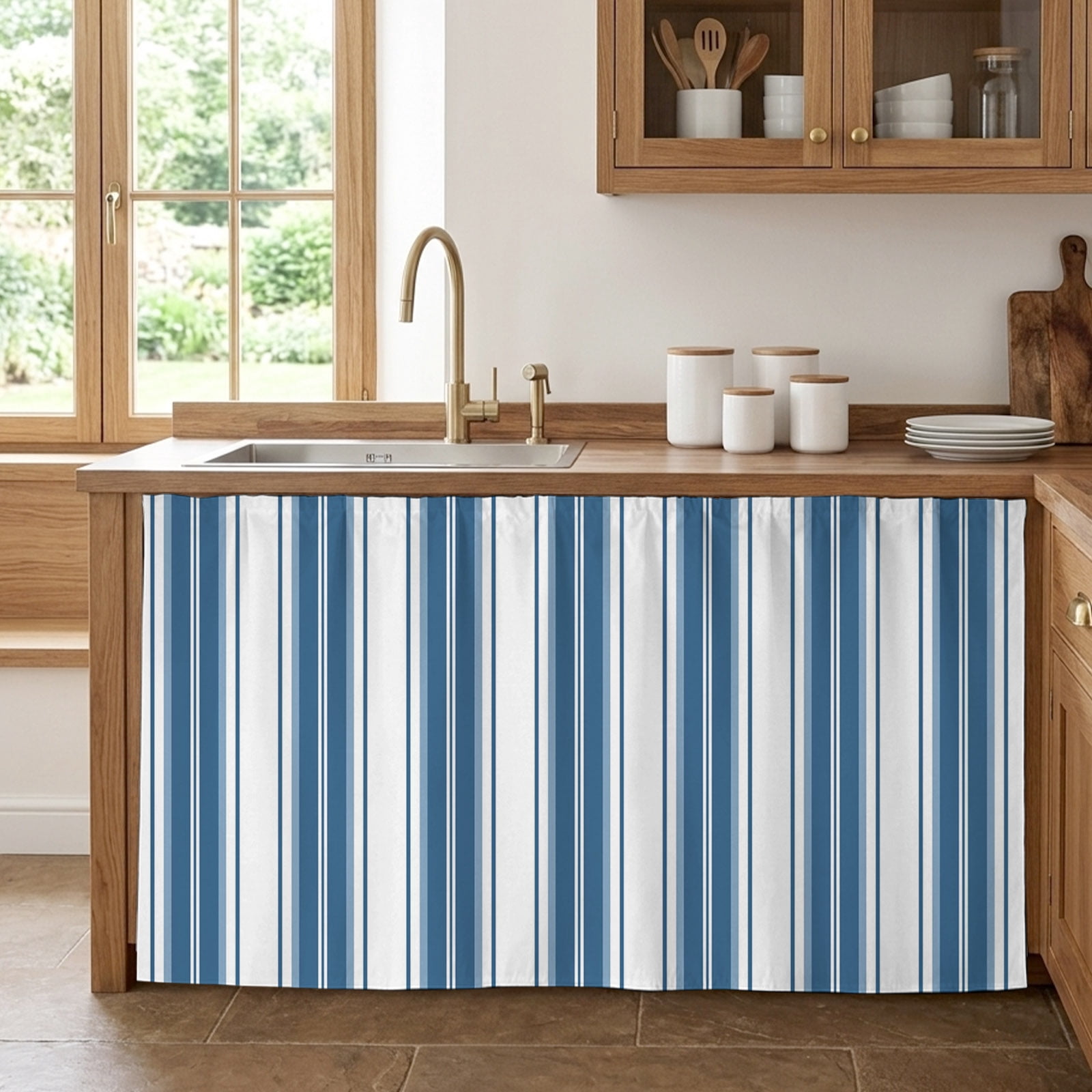 Blue Striped Cabinet Curtains 32" W x 55" L, Vertical Stripe Modern ...
