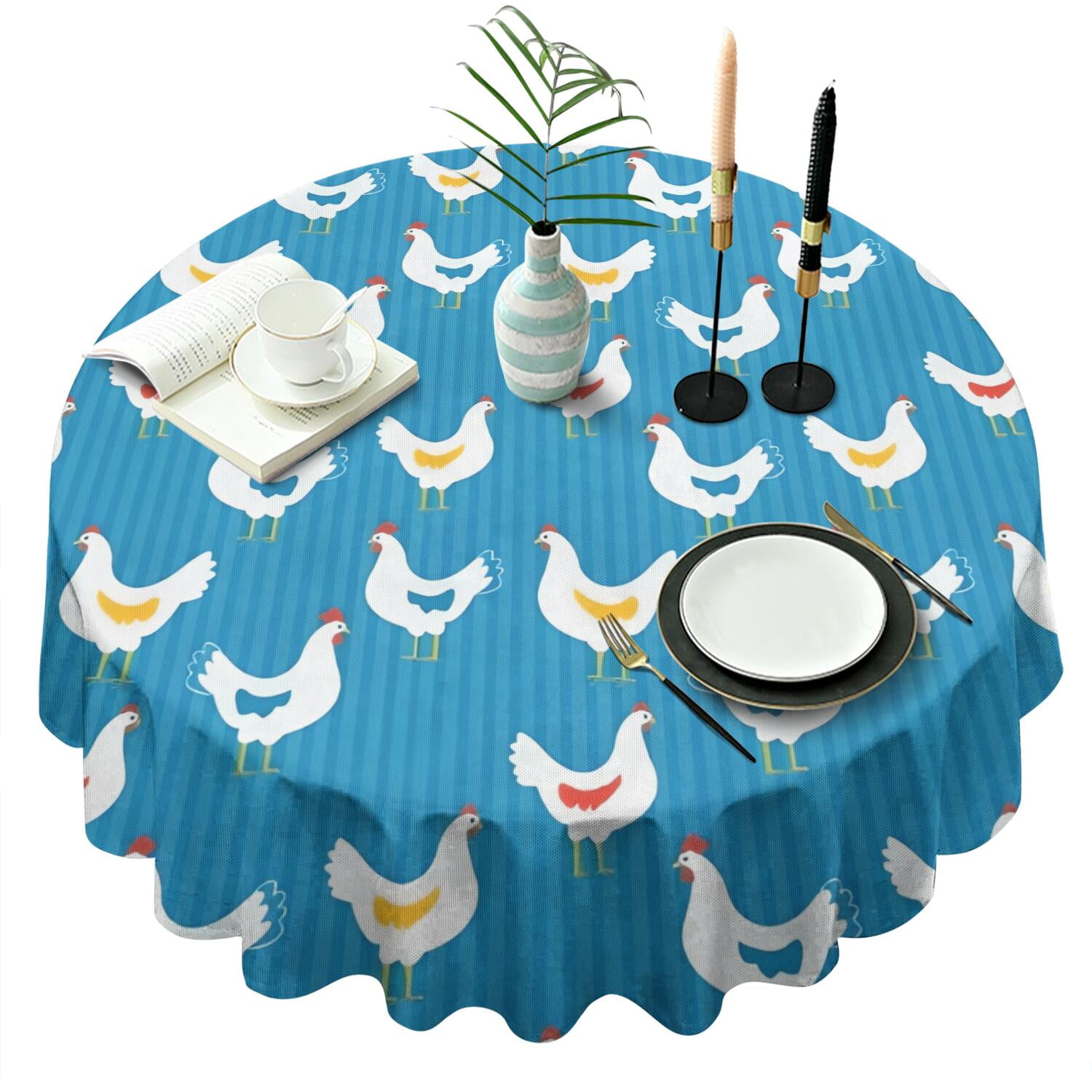 Blue Striped Chicken Pattern Round Tablecloth 60"x60",Wrinkle Wipeable ...