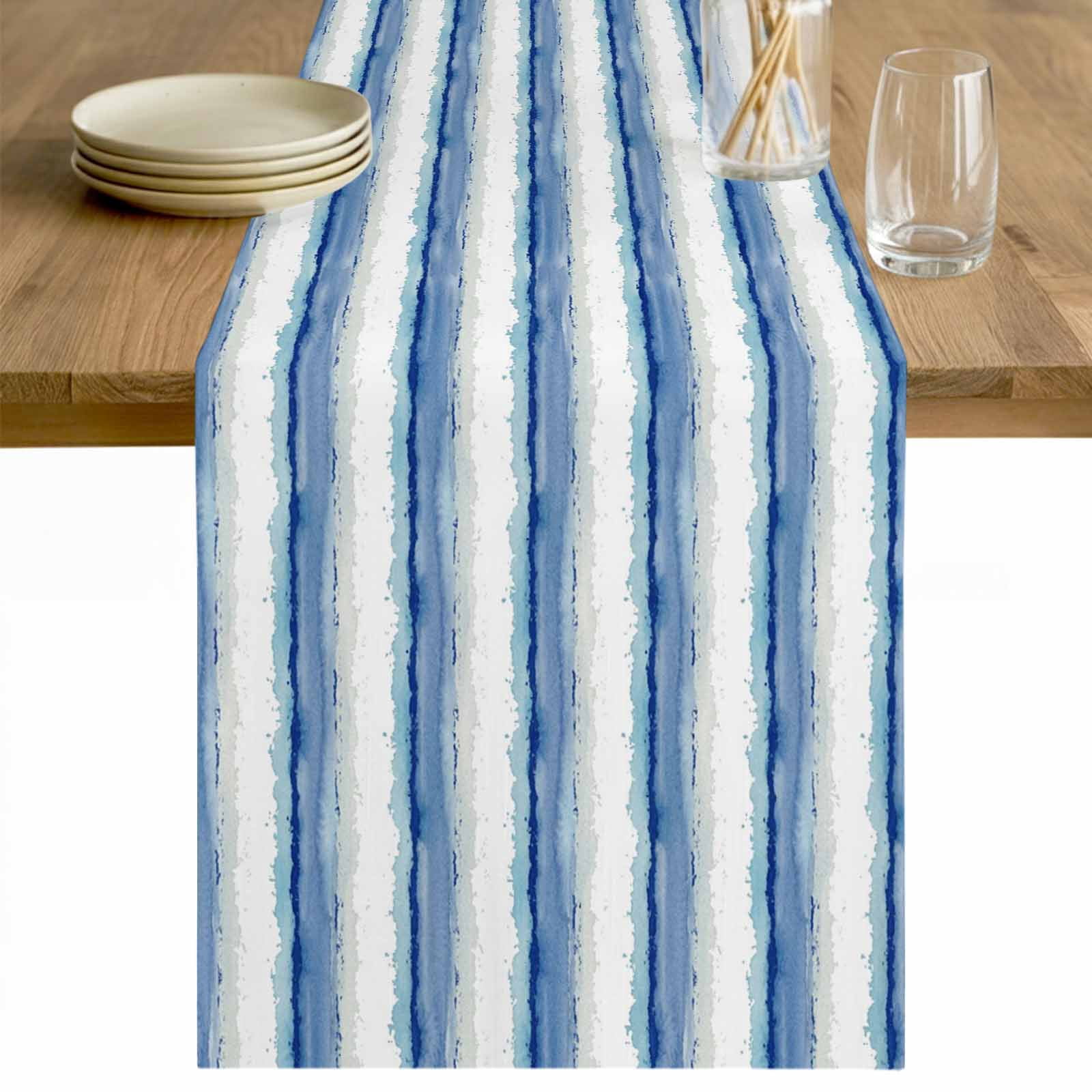 Blue Striped Cotton Linen Rectangle Table Runners 13"x70", Watercolor ...