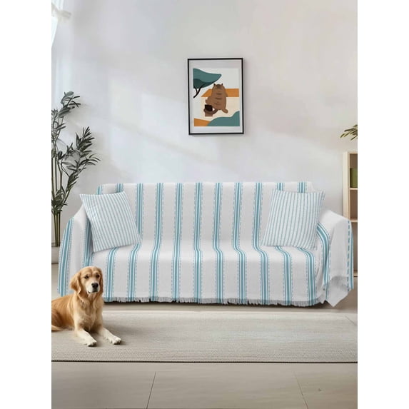 Blue Striped Couch Cover, Blue White Stripes Farmhouse Oversized Sofa ...