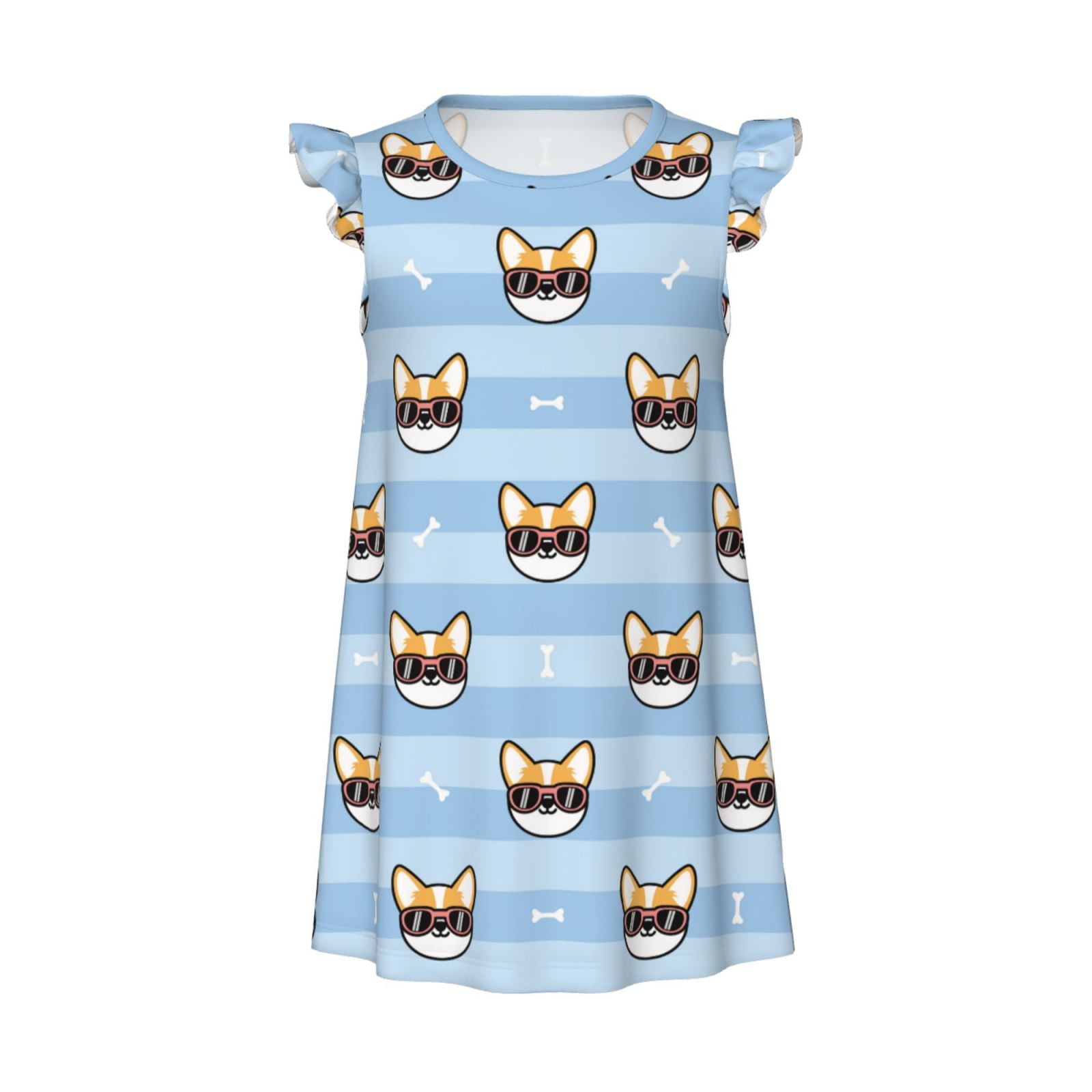 Blue Striped Cute Glasses Corgi Girls Nightgown, Flutter Short Sleeves ...