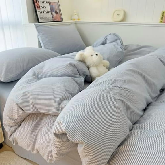 Blue Striped Duvet Cover Queen Size - 100% Washed Cotton Pinstripe ...