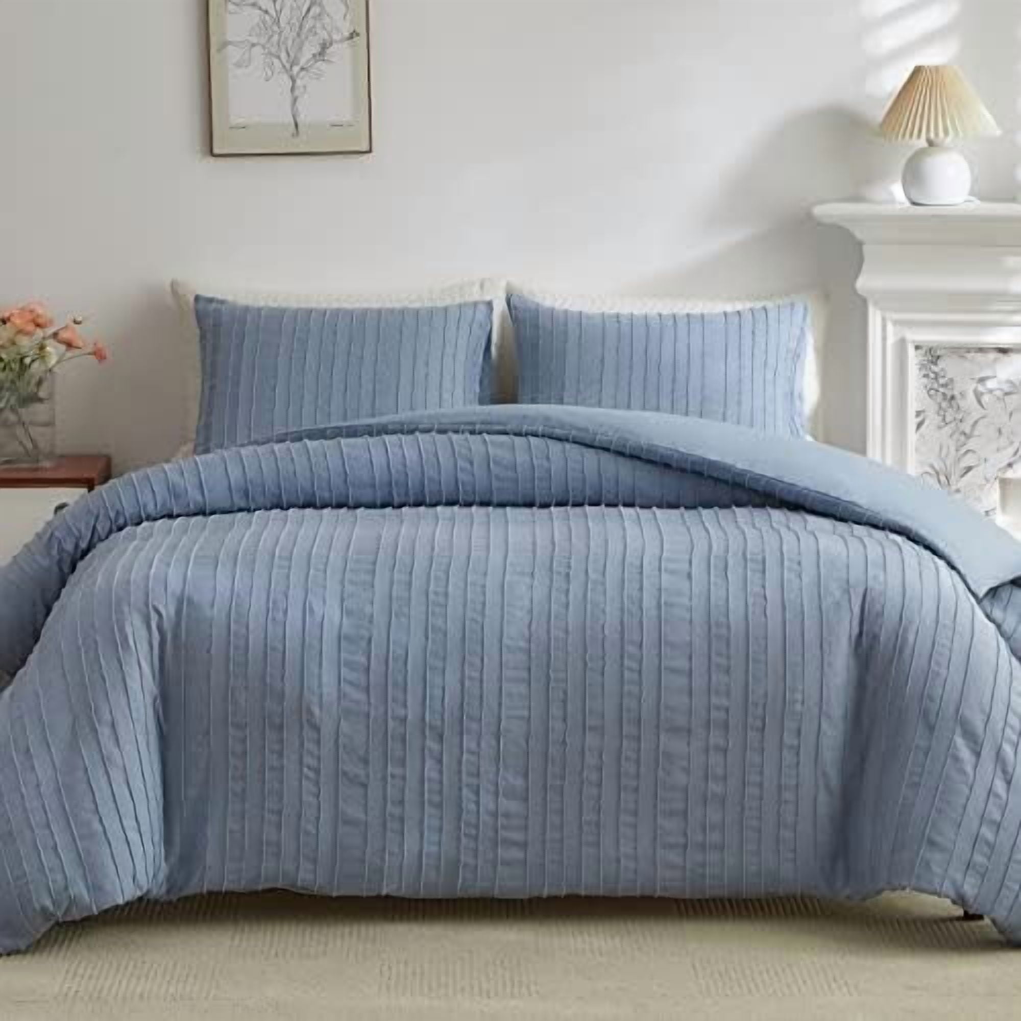 Blue Striped Duvet Cover Set, Boho Textured Tufted Bedding, 2 Piece ...