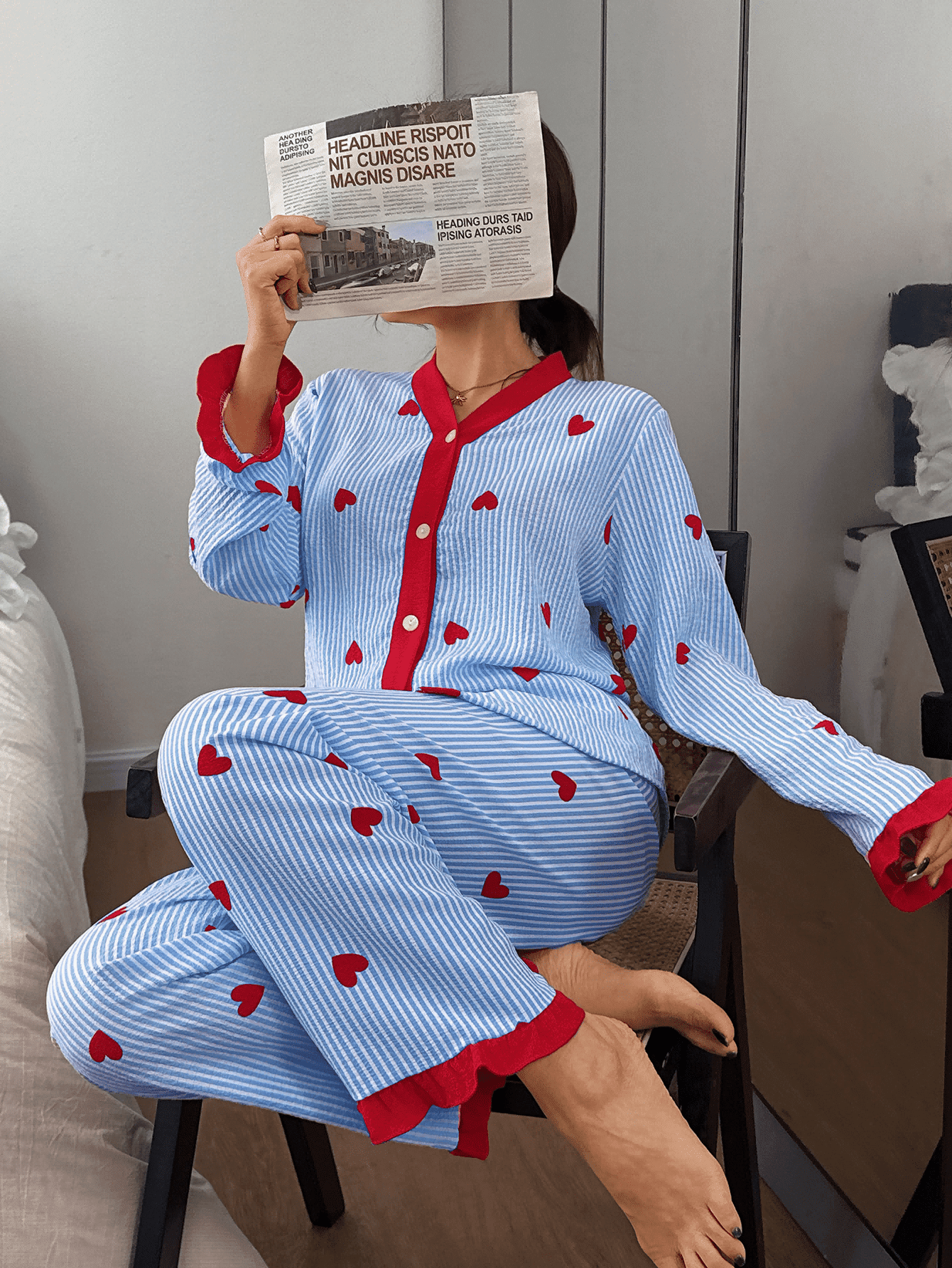 Blue Striped Heart Print Womens Pajama Set - V-Neck Long Sleeve Top And ...