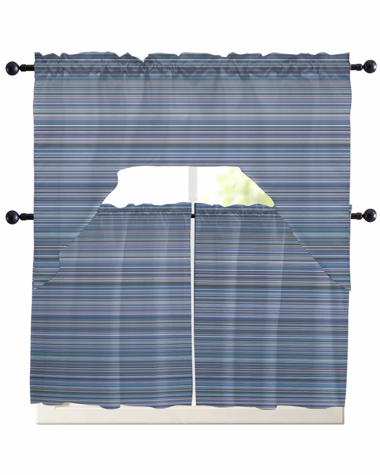 Blue Striped Kitchen Curtains Set for Windows 3 Piece Cafe Curtains 24 ...