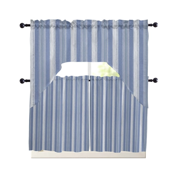Blue Striped Kitchen Curtains Set for Windows 3 Piece Cafe Curtains 36 ...