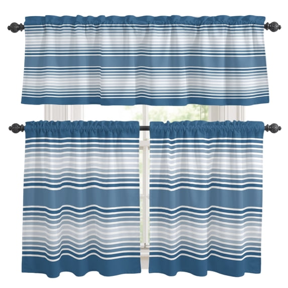 Blue Striped Kitchen Curtains Set for Windows, Modern Farmhouse Stripe ...