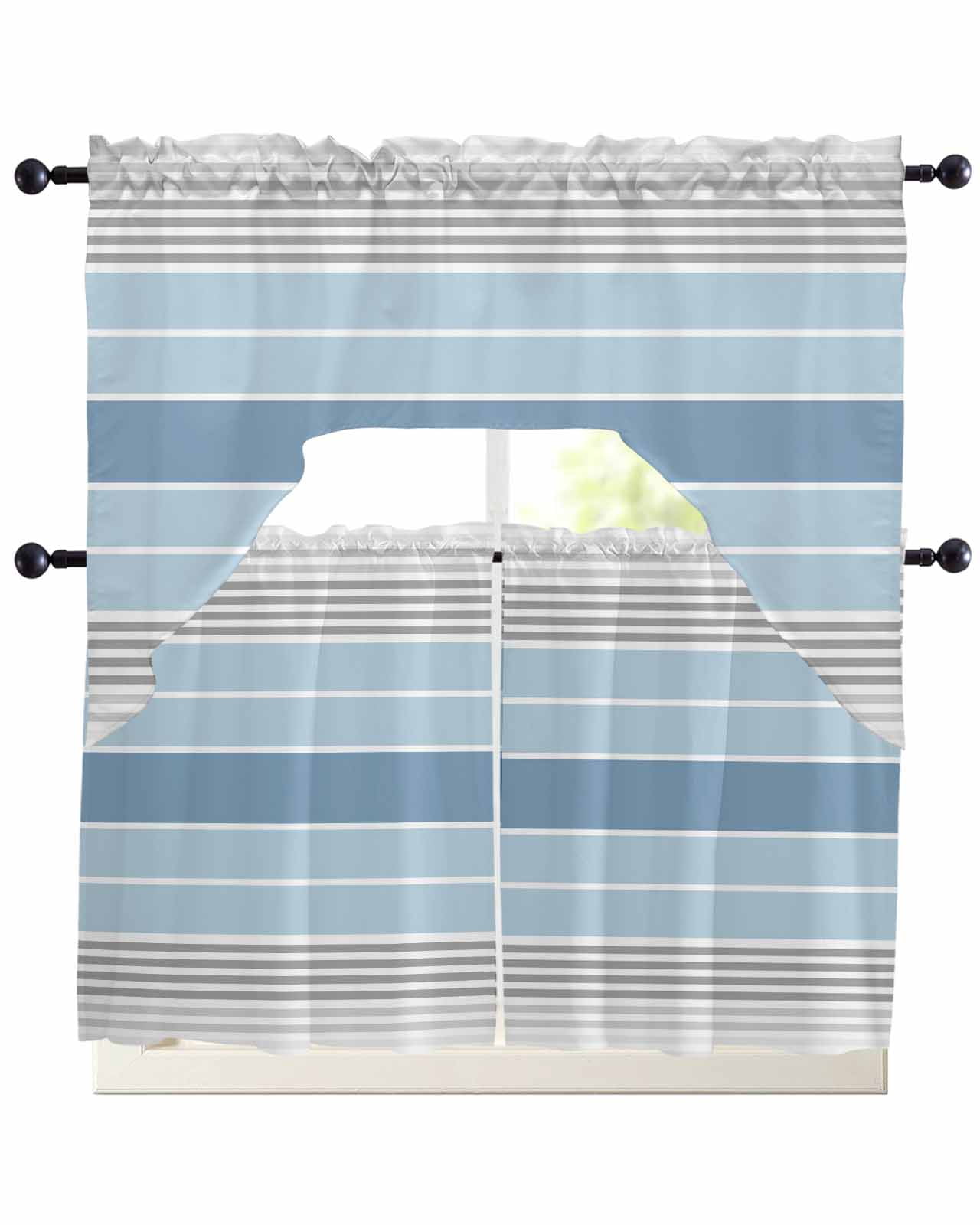 Blue Striped Kitchen Curtains Sets 24 Inch Length with Valance, Modern ...
