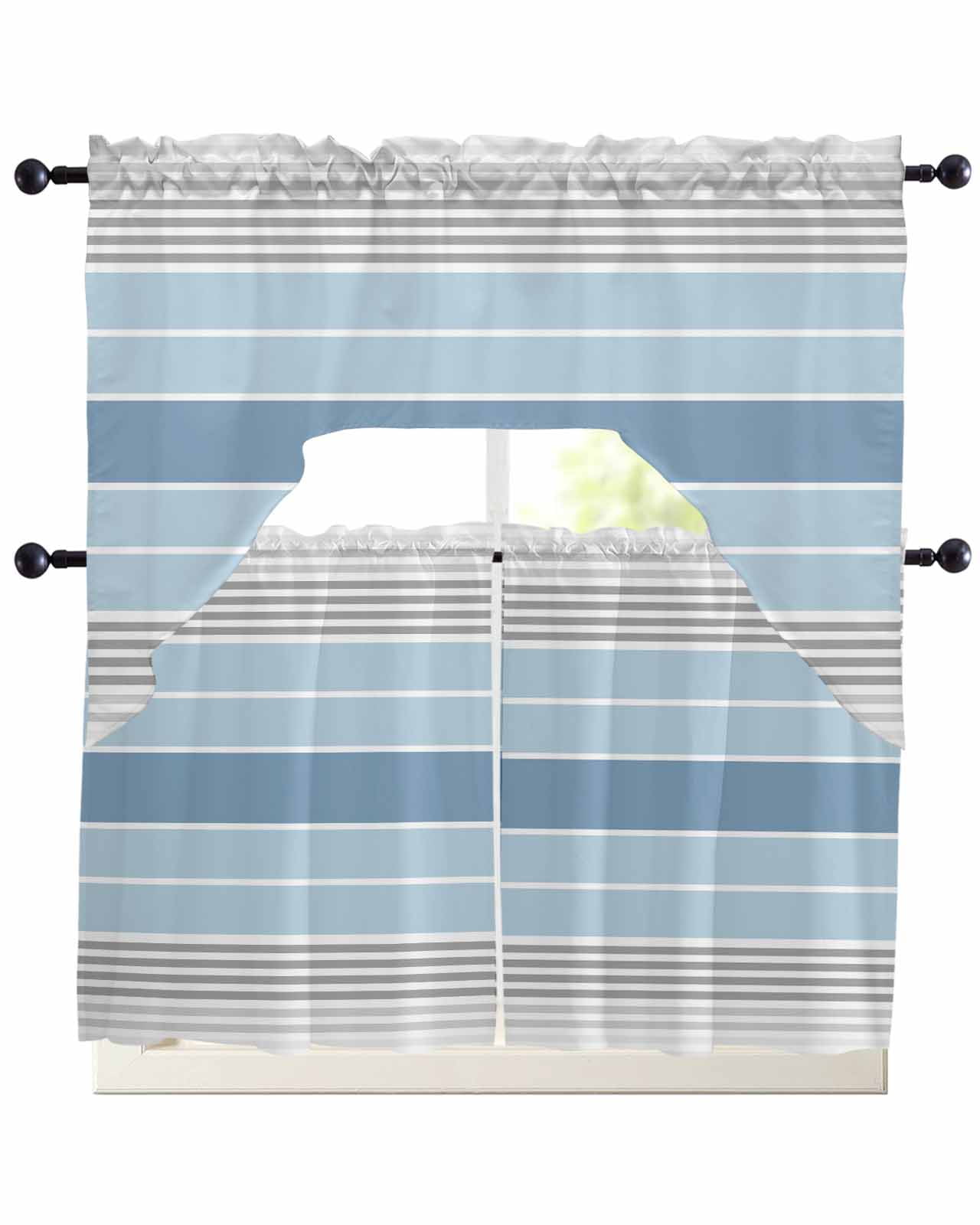Blue Striped Kitchen Curtains Sets 36 Inch Length with Valance, Modern Minimalist Gradient Lines ...