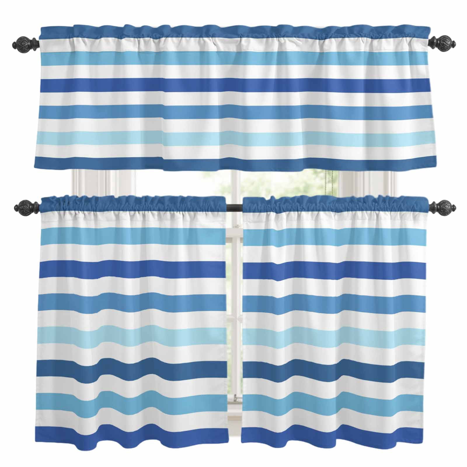 Blue Striped Kitchen Curtains Sets for Windows 36 Inch Length, Navy ...