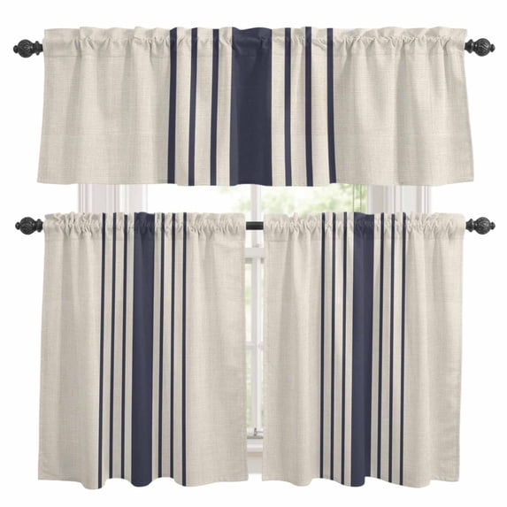 Blue Striped Kitchen Curtains and Valances Set, Simple Brown Linen ...