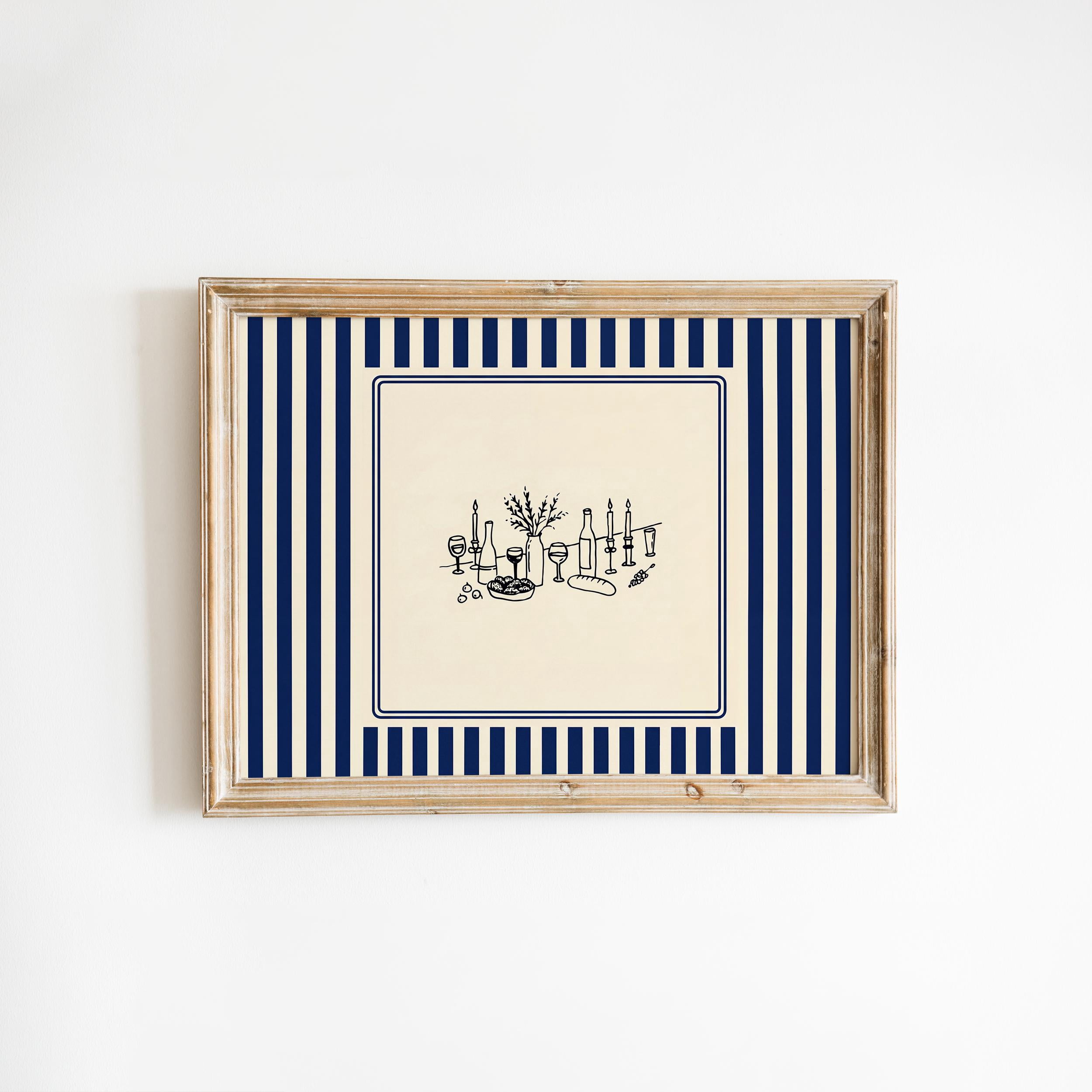 Blue Striped Kitchen Print, French Table Wall Art, Minimal Dining ...