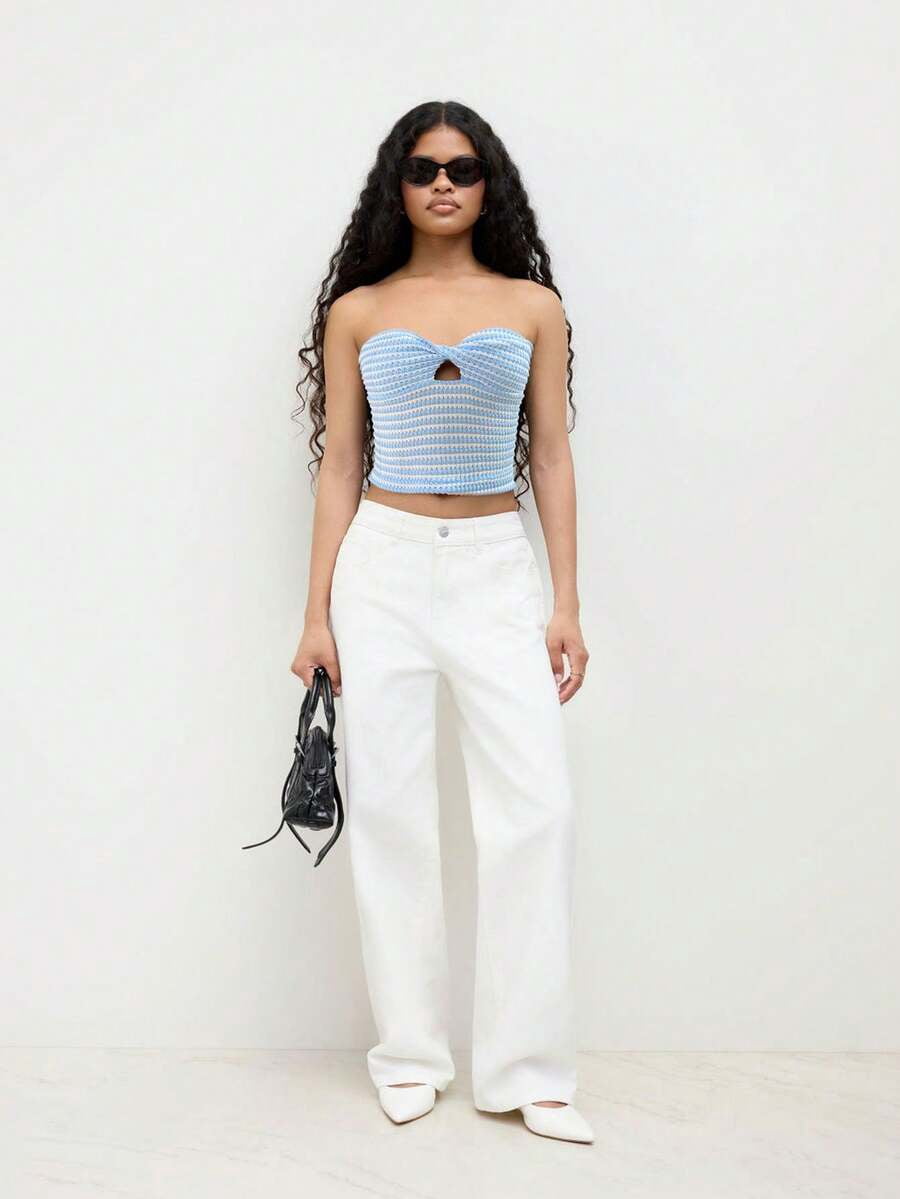 Blue Striped Knit Tube Top With Keyhole Cutout And Twisted Front ...