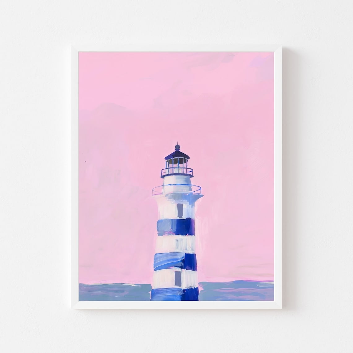 Blue Striped Lighthouse And Pink Sky Painting Coastal Summer Wall Art ...