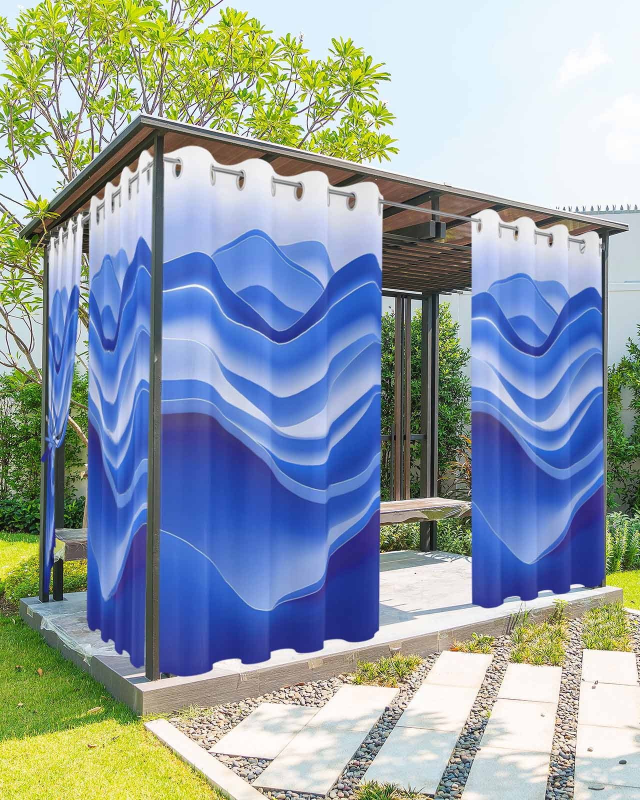 Blue Striped Outdoor Curtains for Patio, Modern Abstract Art Wave Moire ...