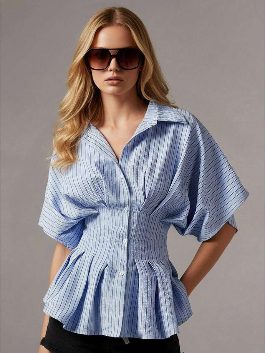 Blue Striped Peplum Button-Down Blouse With Puff Sleeves And Cinched ...