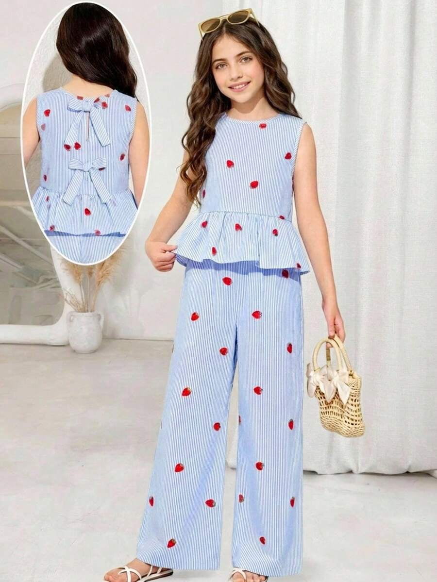 Blue Striped Peplum Top And Wide-Leg Pants Two-Piece Set - Walmart.com