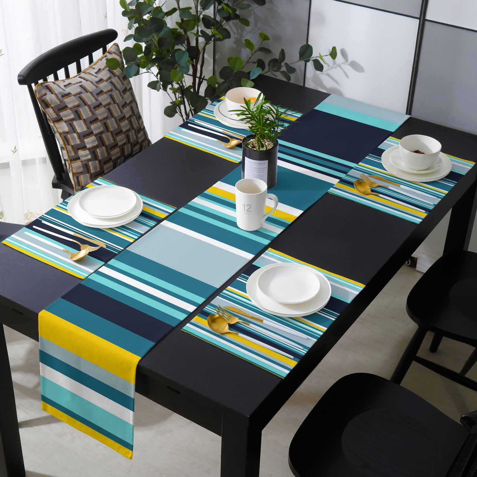Blue Striped Placemats Set of 6 with 72 Inches Long Table Runners,Ombre ...