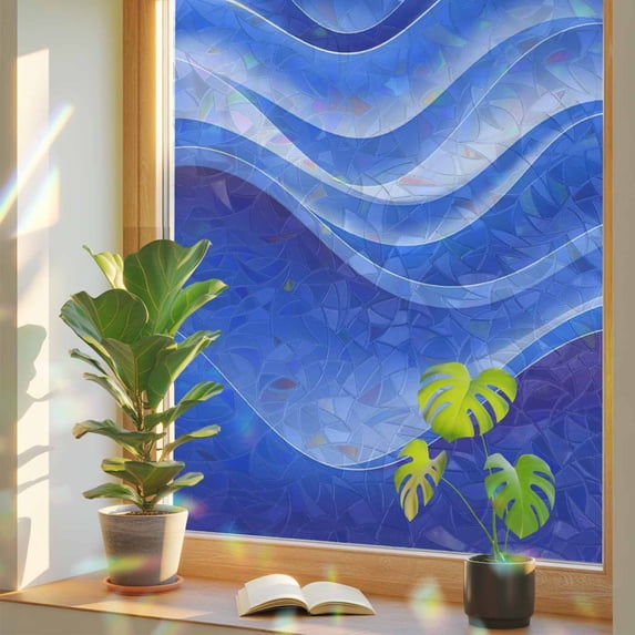 Blue Striped Privacy Window Film, Decorative Stained Glass Window Film ...