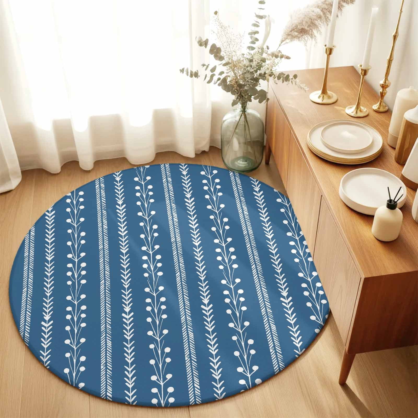 Blue Striped Round Area Rug 3 FT, Small Kitchen Bathroom Mat, Modern ...